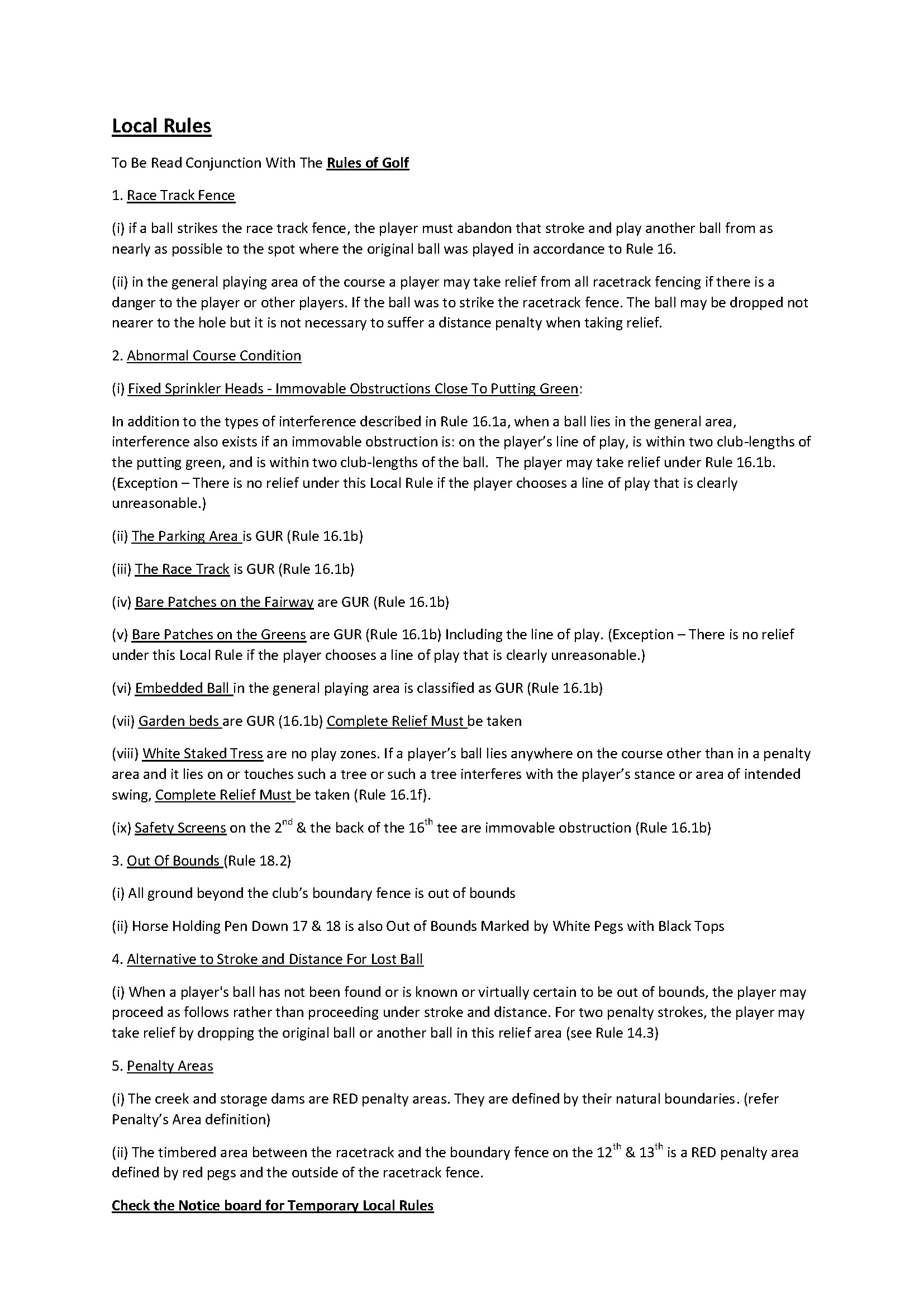 YGC Local Rules – Yea Golf Club